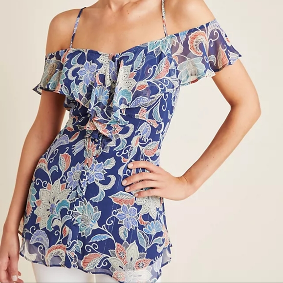 Maeve | Tops | Maeve Anthropologie Mariposa Blue Open Shoulder Ruffle ...